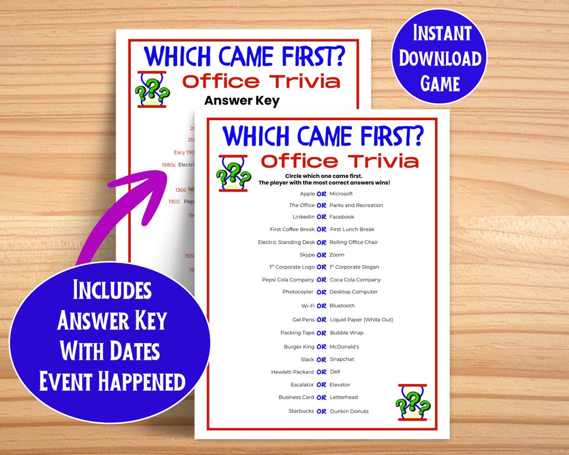 Office Trivia Game Which Came First, Fun Office Games for Staff ...