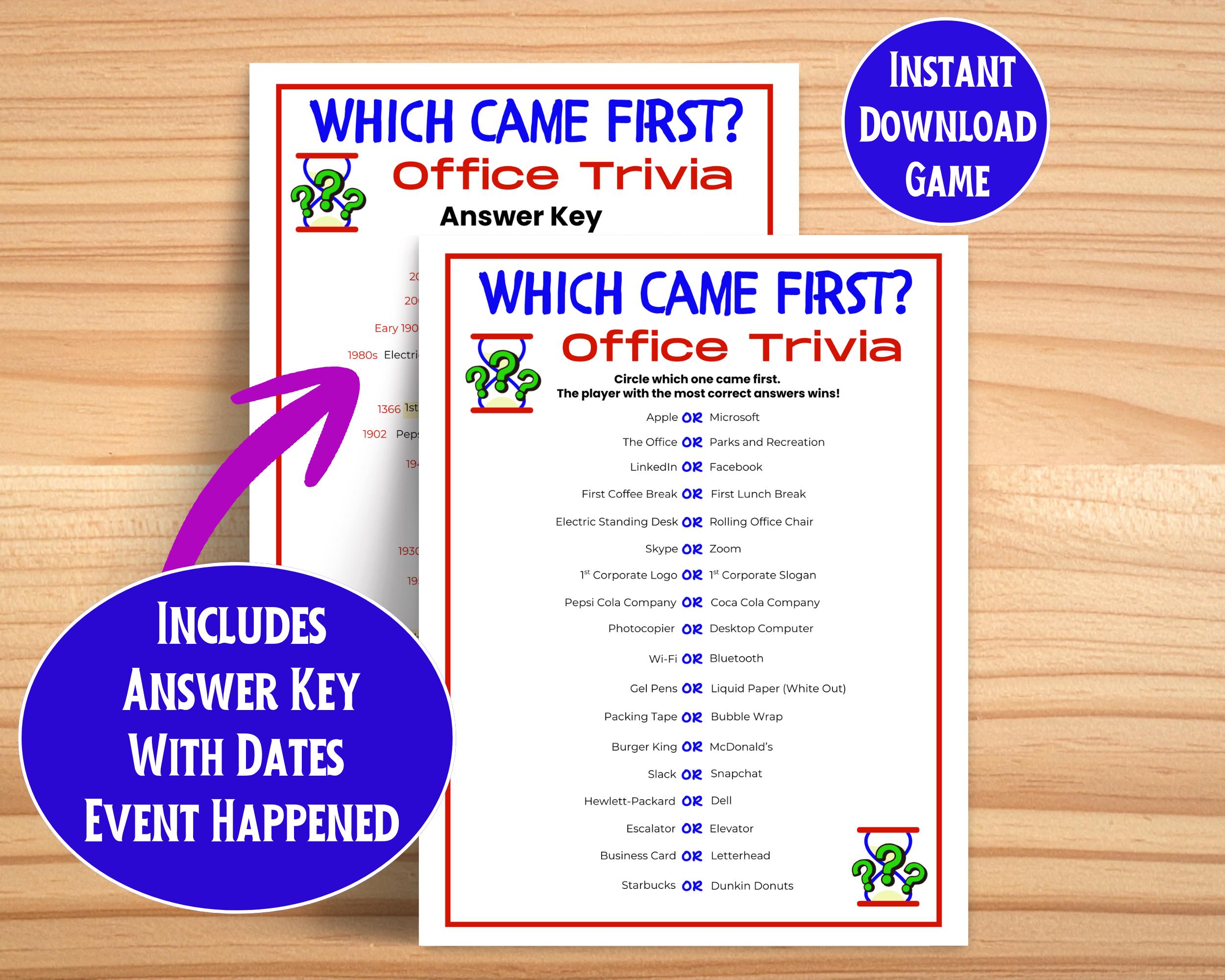 Office Trivia Game Which Came First, Fun Office Games for Staff ...