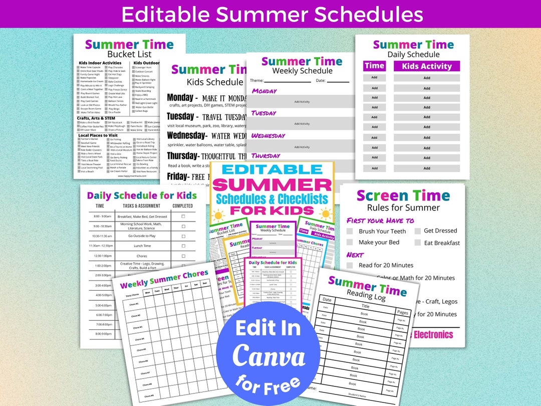 Editable Summer Schedule for Kids, Daily Kids Schedule Chart, Editable ...