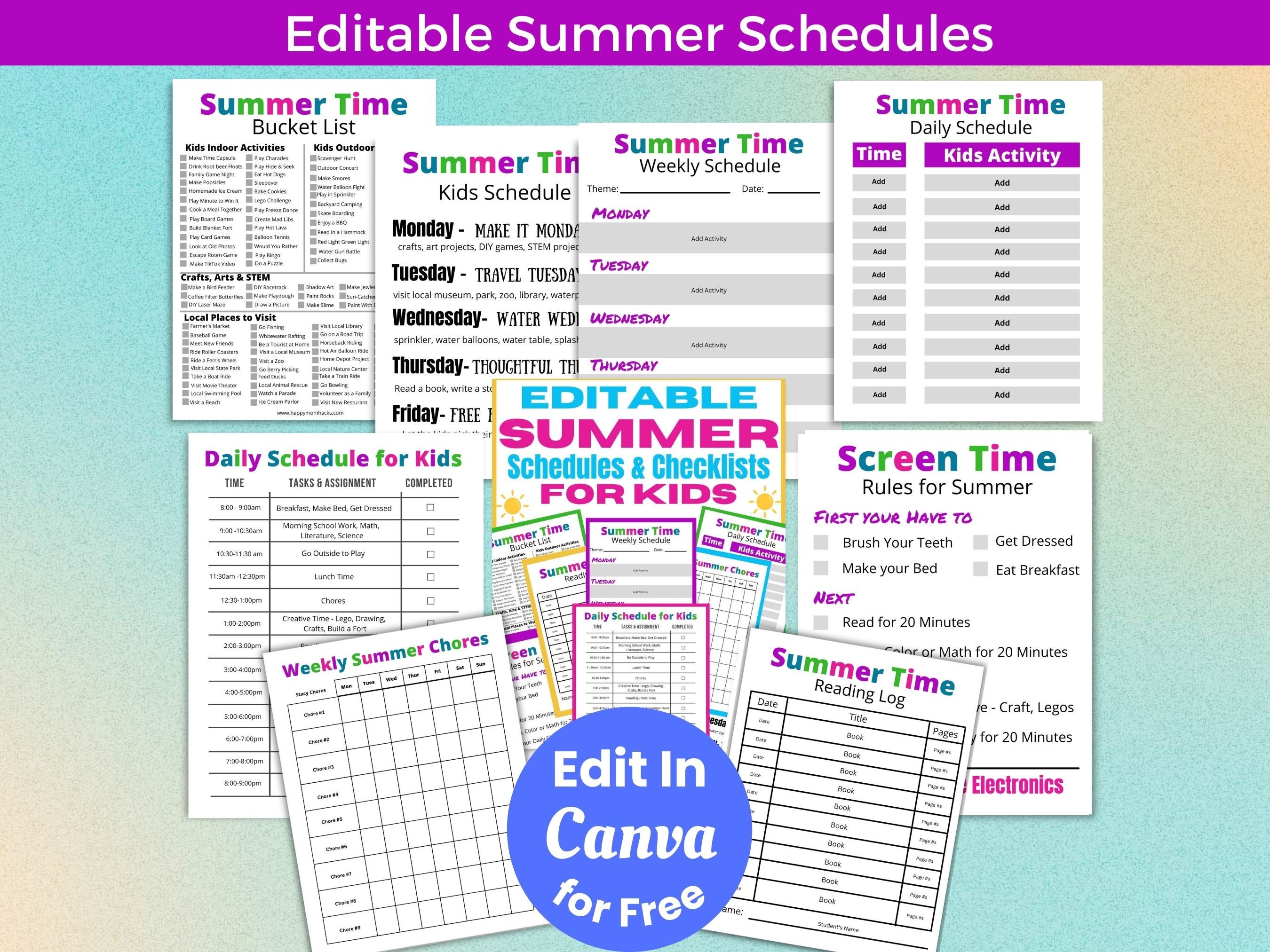 Editable Summer Schedule for Kids, Daily Kids Schedule Chart, Editable ...