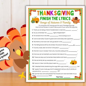 Thanksgiving Finish the Lyrics Trivia Game, Printable Thanksgiving ...