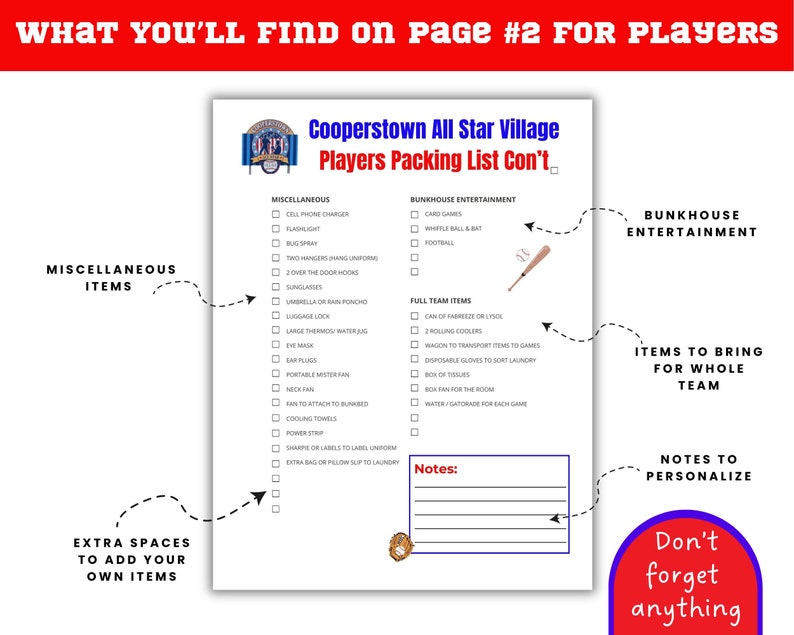 Cooperstown All Star Village Packing List, Cooperstown Checklist ...