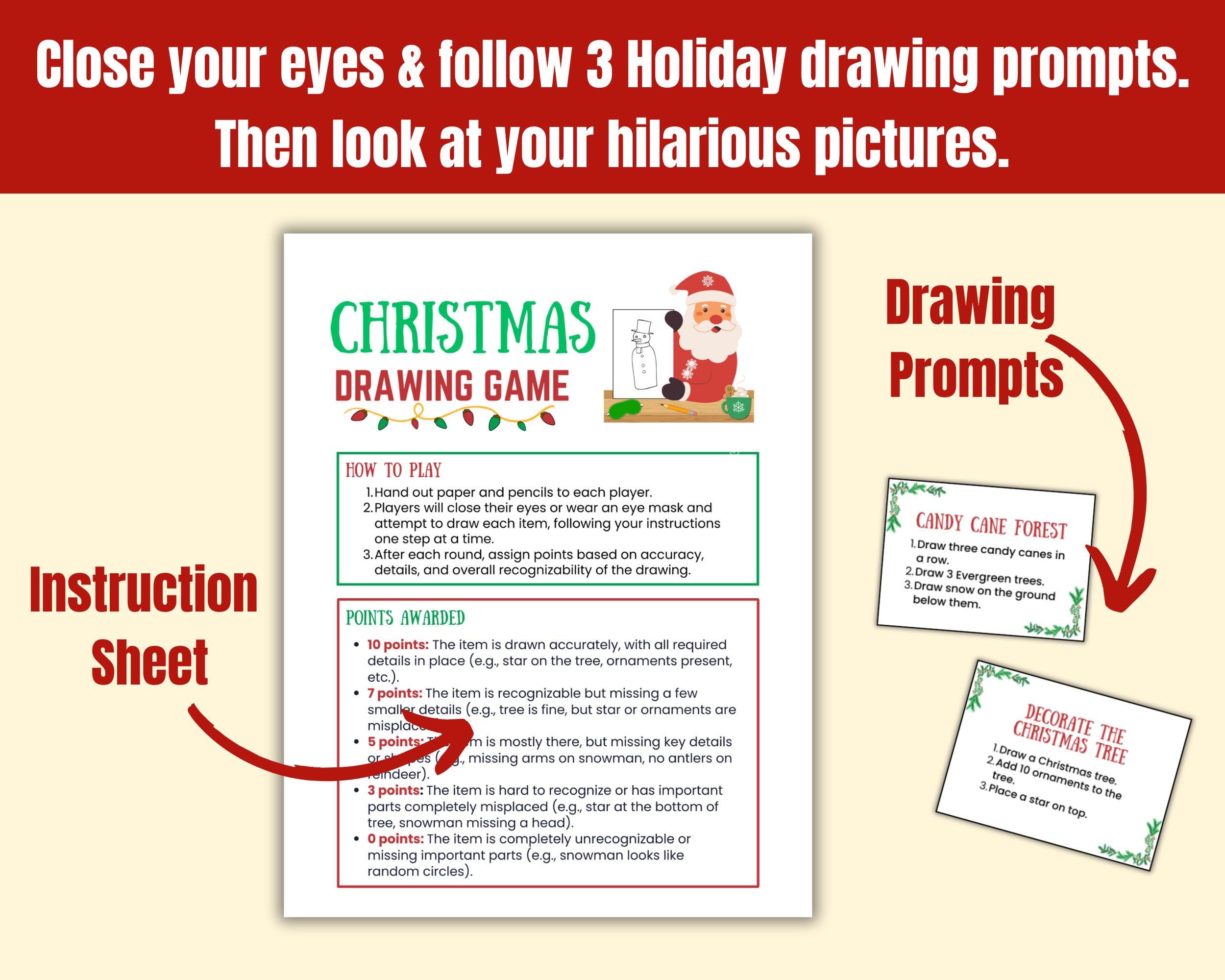Christmas Picture Drawing Game, Holiday Drawing Challenge Cards, Fun ...