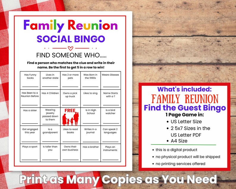 Family Reunion Bingo, Find the Guest Bingo, Family Reunion Games ...
