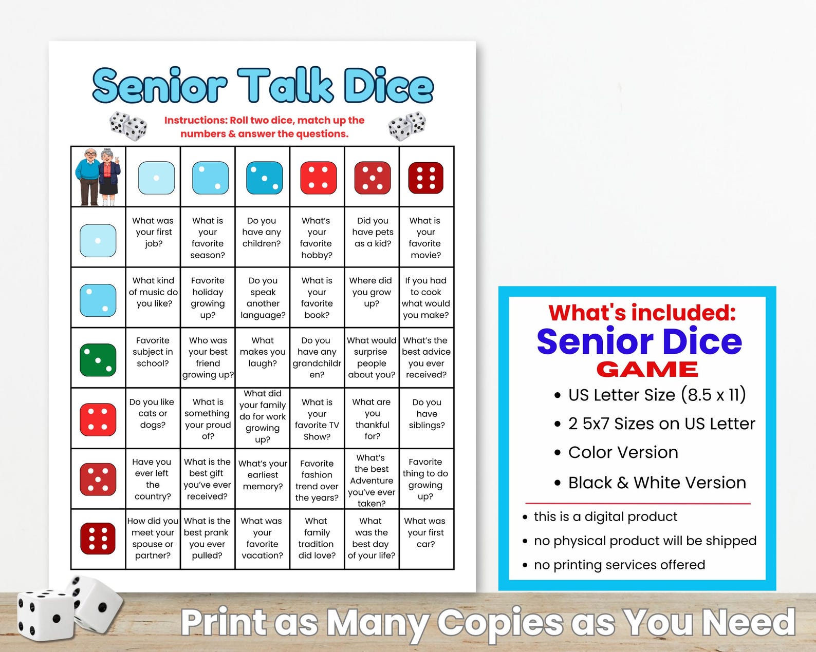 Seniors Table Talk Dice Game, Fun Get to Know You Ice Breaker Game for ...