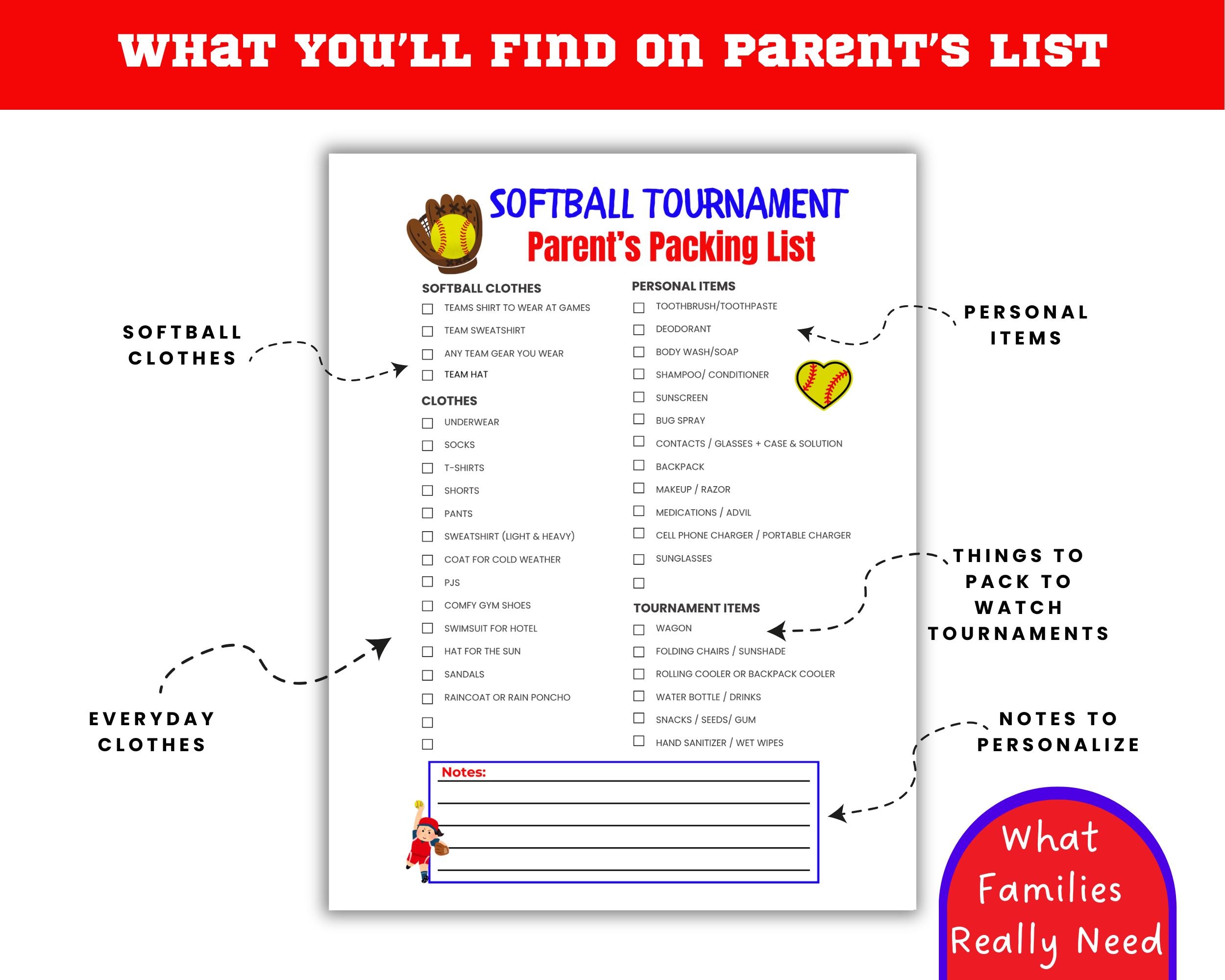 Softball Travel Checklist, Softball Tournament Packing List, Girls ...