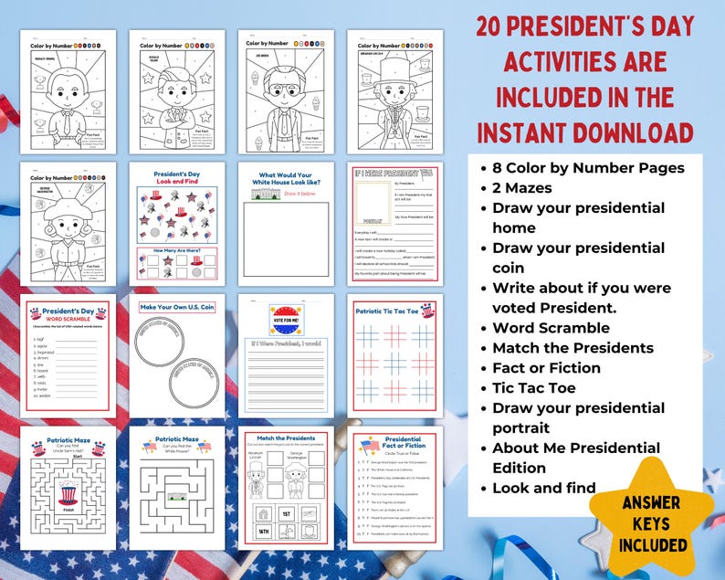 President's Day Activities, Kids Color by Number Activity, Patriotic ...