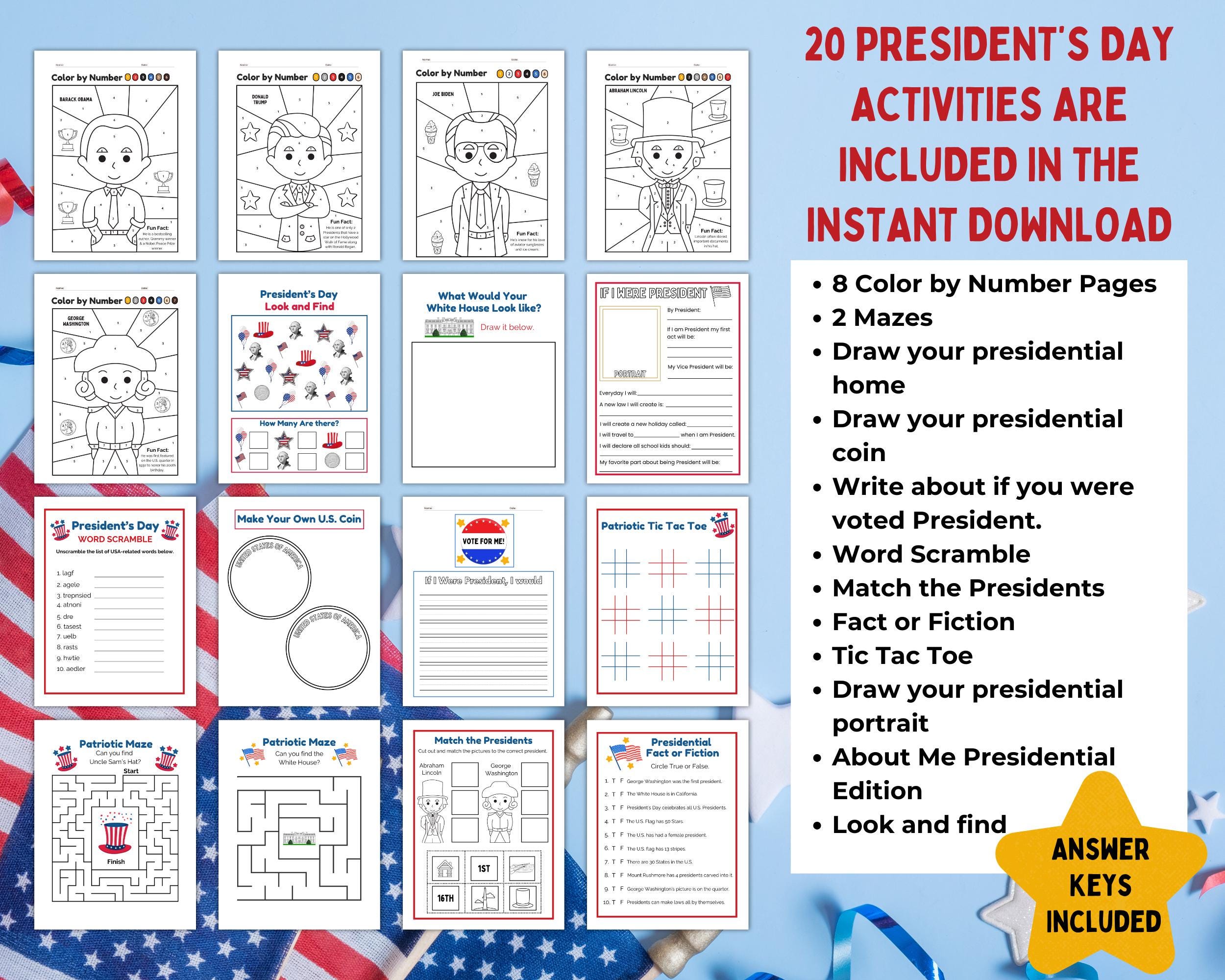 President's Day Activities, Kids Color by Number Activity, Patriotic ...