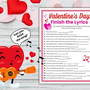 Love Songs Finish the Lyrics Game, Printable Valentines Party Game ...