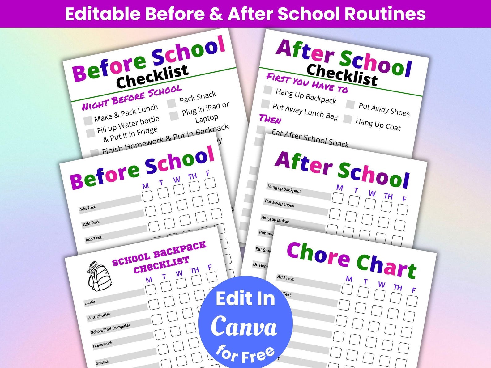 Editable Before and After School Routine Charts, Daily Checklists, Kids ...