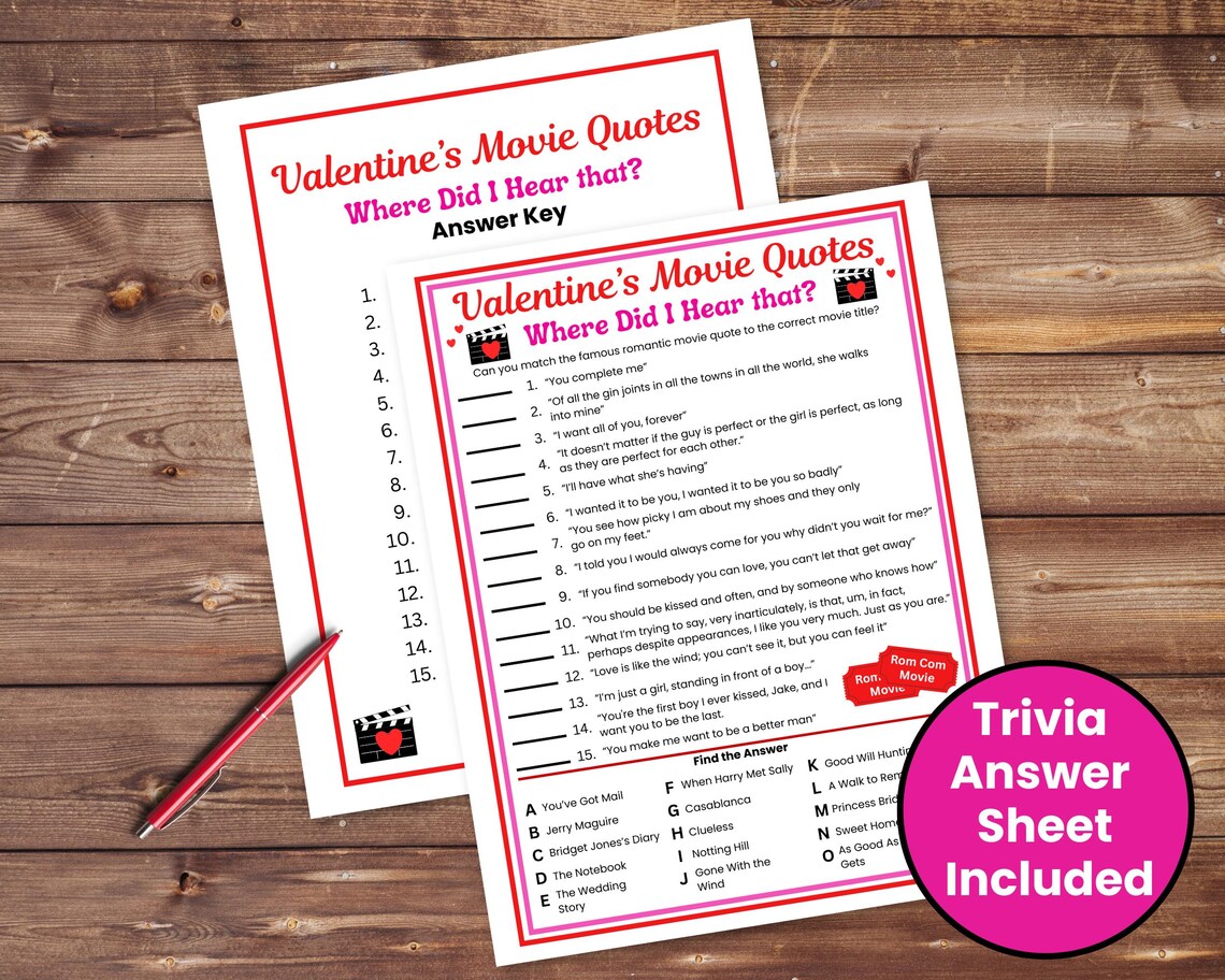 Valentine's Day Movie Quotes Trivia Game, Rom Com Movie Trivia Quiz ...