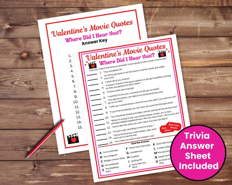 Valentine's Day Movie Quotes Trivia Game, Rom Com Movie Trivia Quiz ...