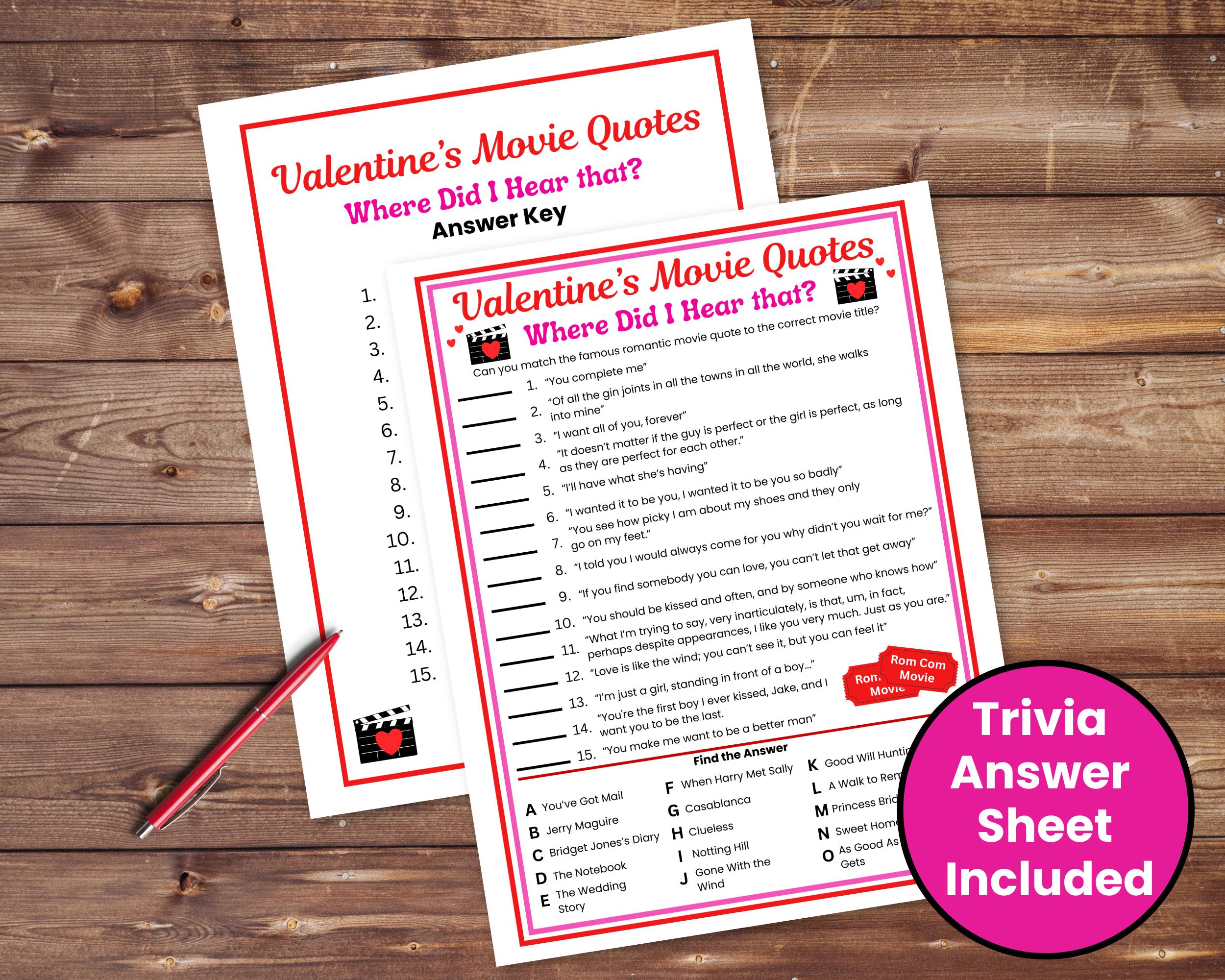 Valentine's Day Movie Quotes Trivia Game, Rom Com Movie Trivia Quiz ...