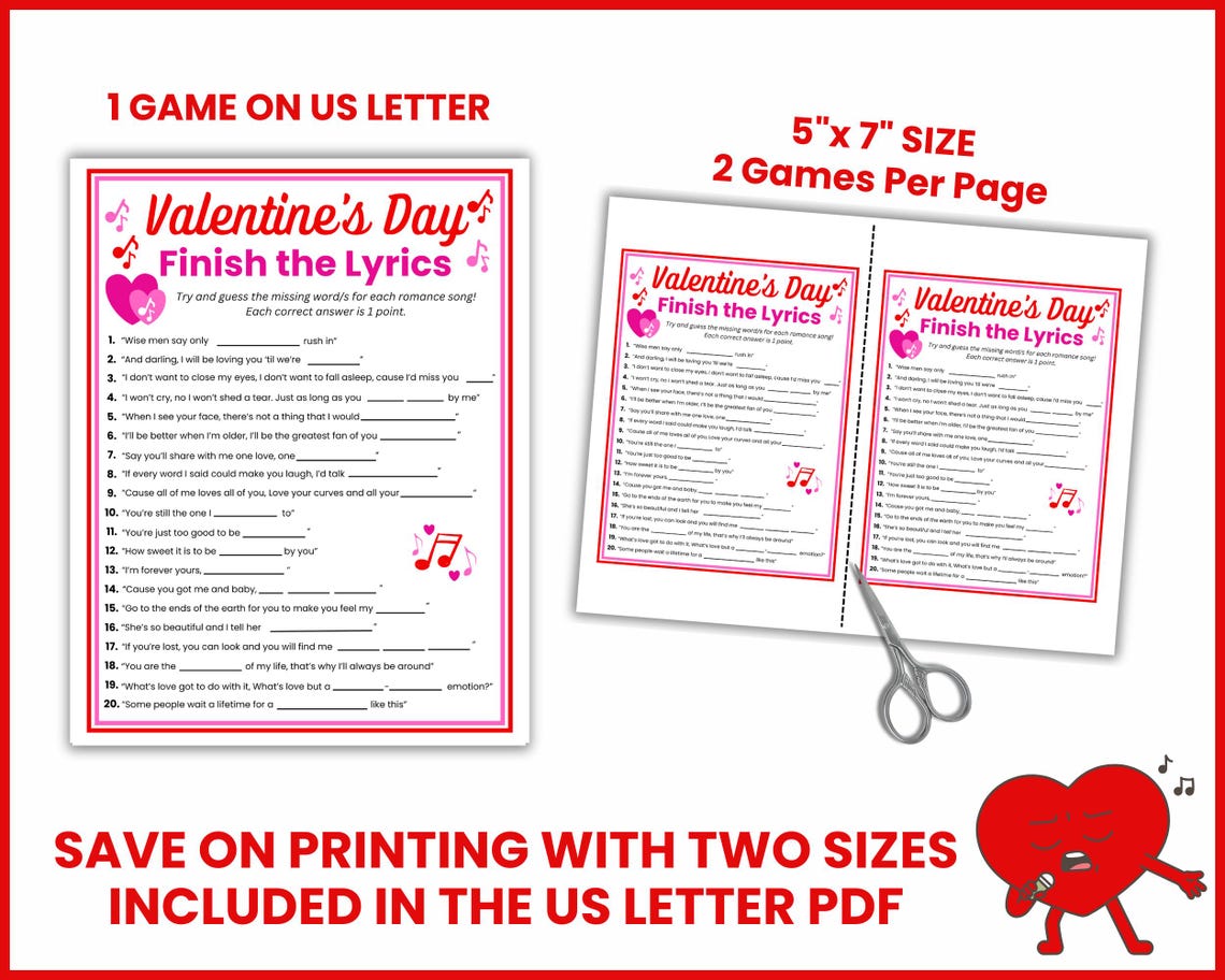 Love Songs Finish the Lyrics Game, Printable Valentines Party Game ...
