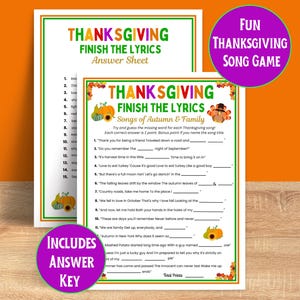 Thanksgiving Finish the Lyrics Trivia Game, Printable Thanksgiving ...