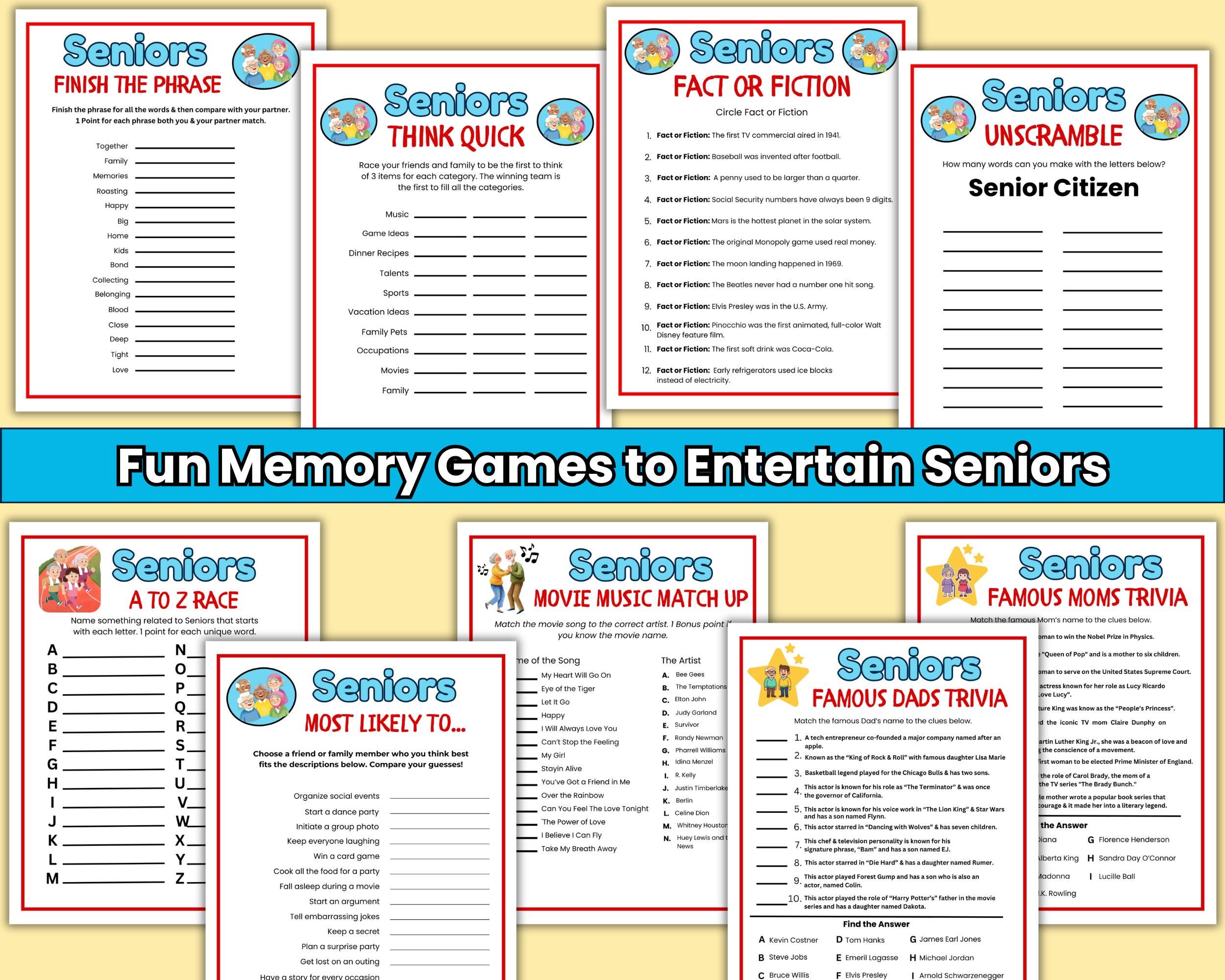 Senior Games Bundle, Games for Senior Citizens, Memory Games for Senior ...