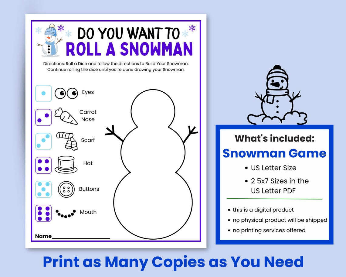Roll a Snowman Dice Game, Printable Snowman Game, Preschool and ...
