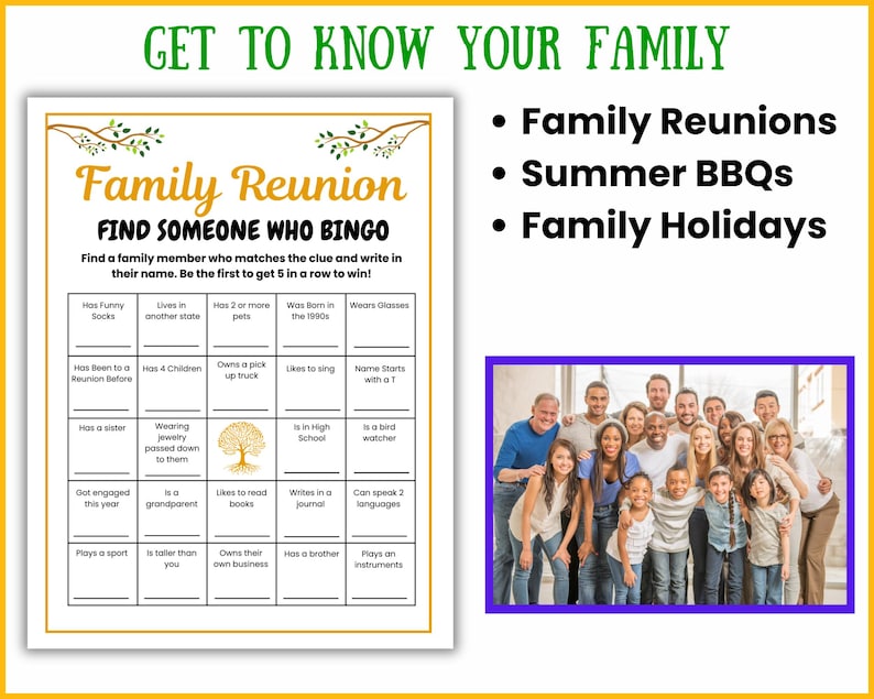 Family Reunion Bingo Game, Find the Guest Bingo Game, Games for Reunion ...