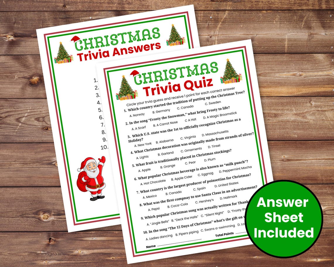 Printable Christmas Trivia Game, Holiday Trivia Party Game, Fun ...