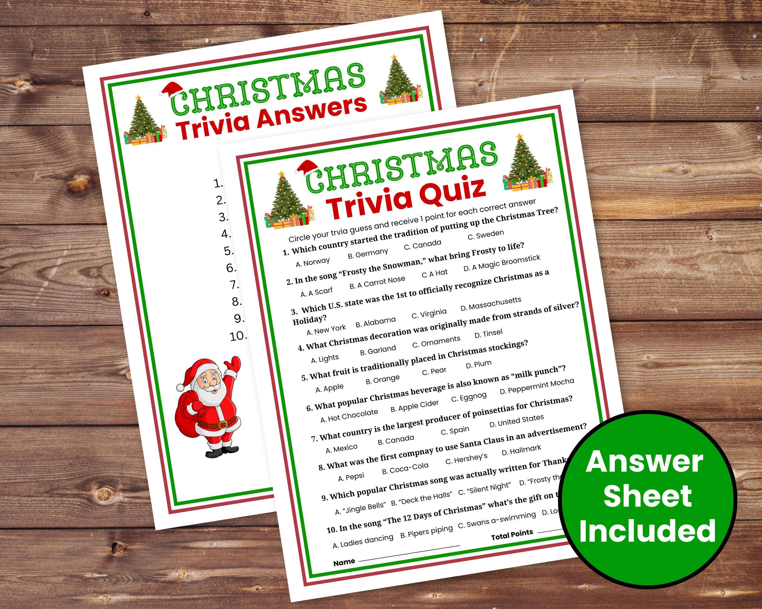 Printable Christmas Trivia Game, Holiday Trivia Party Game, Fun ...