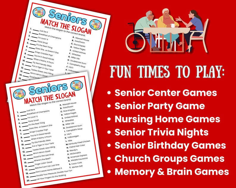Senior Slogans Game, Ad Slogan Trivia Game for Seniors, Senior Party ...