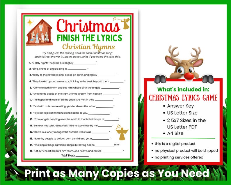 Christmas Hymns Finish the Lyrics Game, Christmas Song Game, Church ...