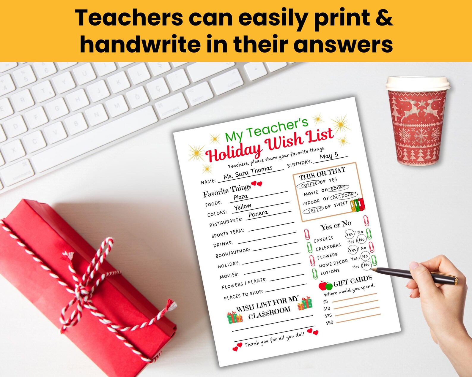 Teacher Holiday Wish List Printable, Christmas Wish List, Teacher ...