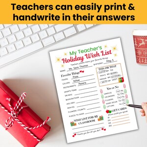 Teacher Holiday Wish List Printable, Christmas Wish List, Teacher ...