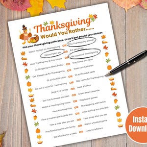 Thanksgiving Would You Rather Game, Printable Thanksgiving Game, This ...