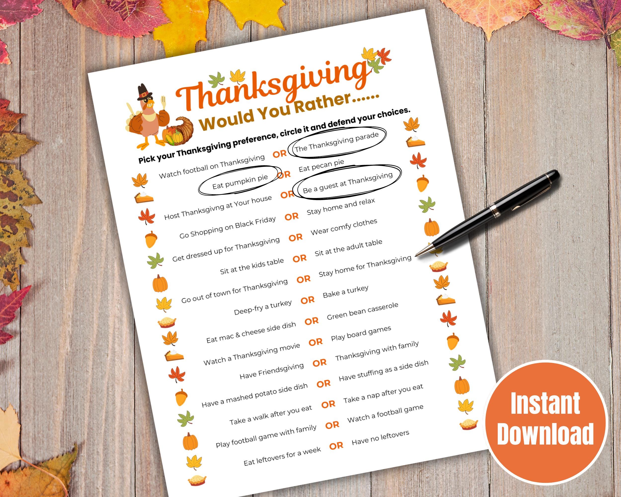 Thanksgiving Would You Rather Game, Printable Thanksgiving Game, This ...