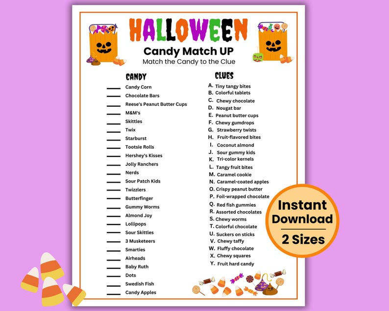 Halloween Candy Match Trivia Game, Halloween Trivia Quiz, Printable ...