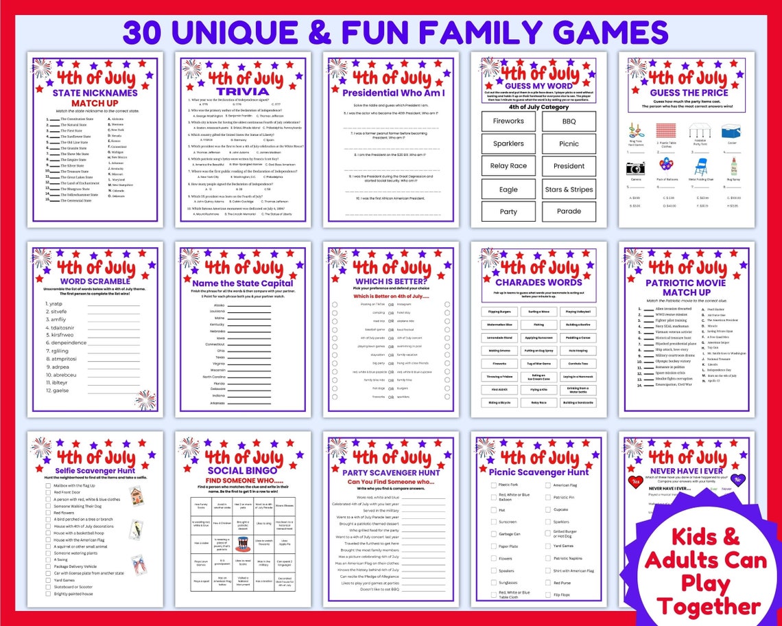 Printable 4th of July Games, Independence Day Games, 4th of July Party ...