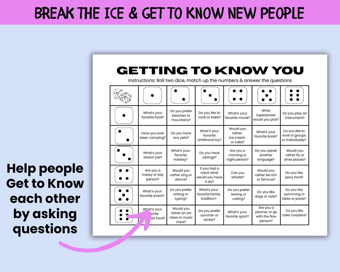 Get to Know You Game, Icebreaker Games, Printable Dice Game for Teens ...