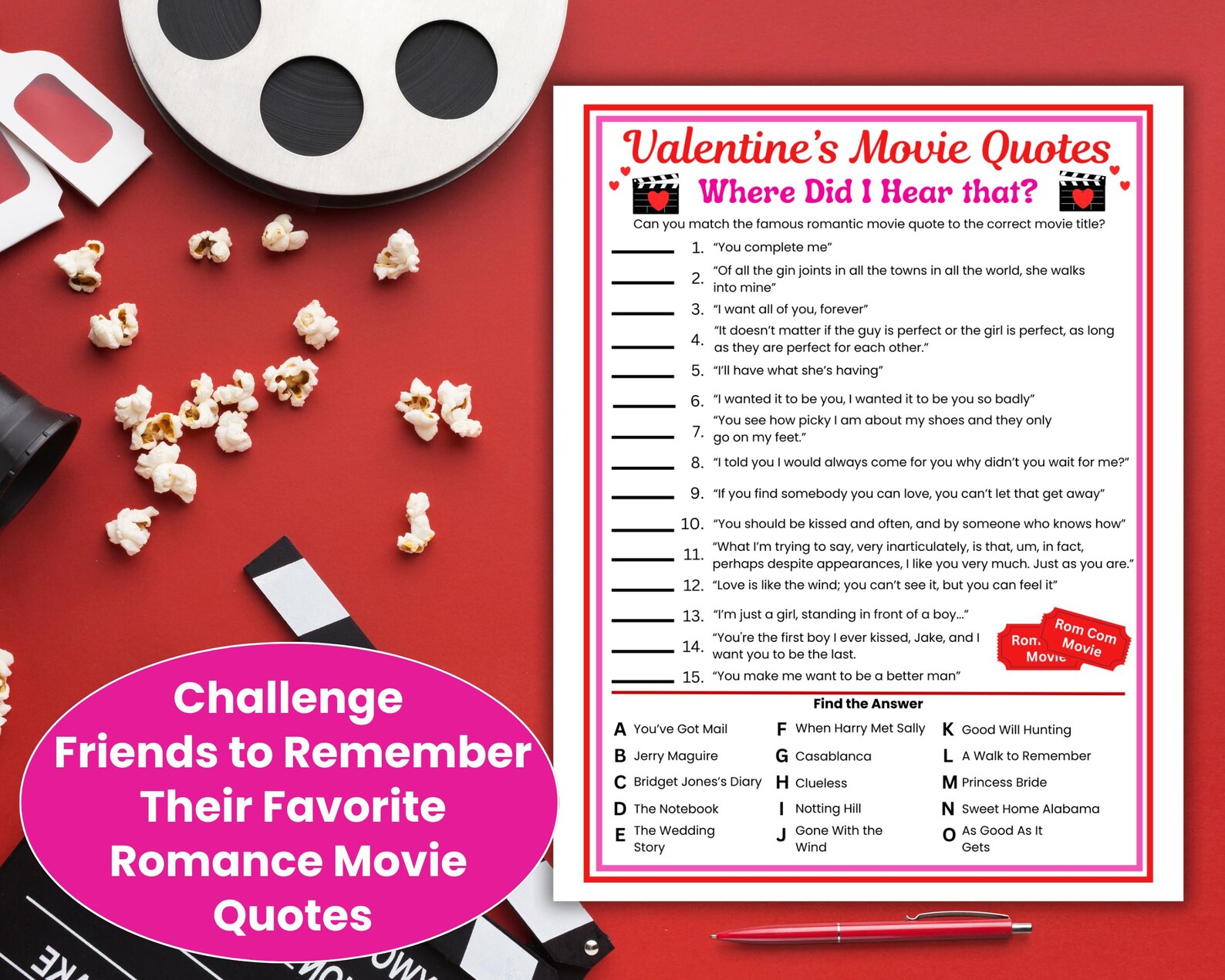 Valentine's Day Movie Quotes Trivia Game, Rom Com Movie Trivia Quiz ...
