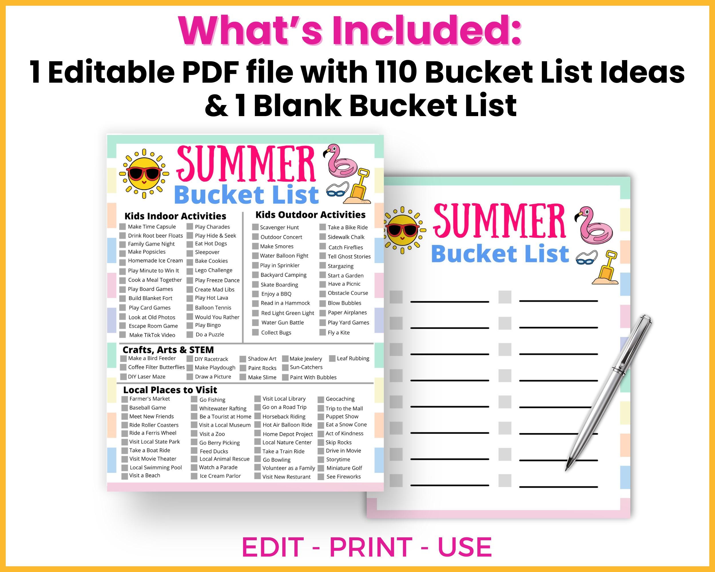 Summer Bucket List Printable, Editable Bucket List, Summer to Do List ...
