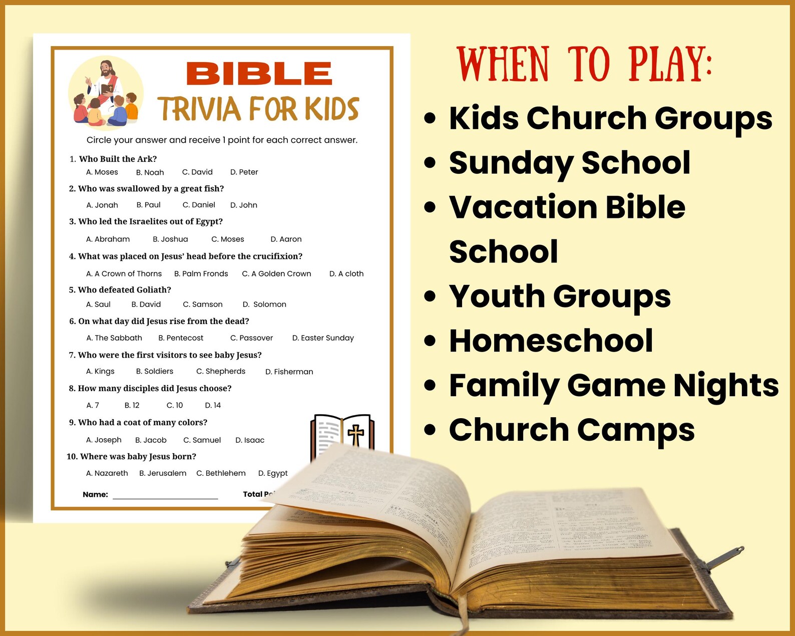Bible Trivia Game for Kids, Christian Games for Sunday School, Youth ...
