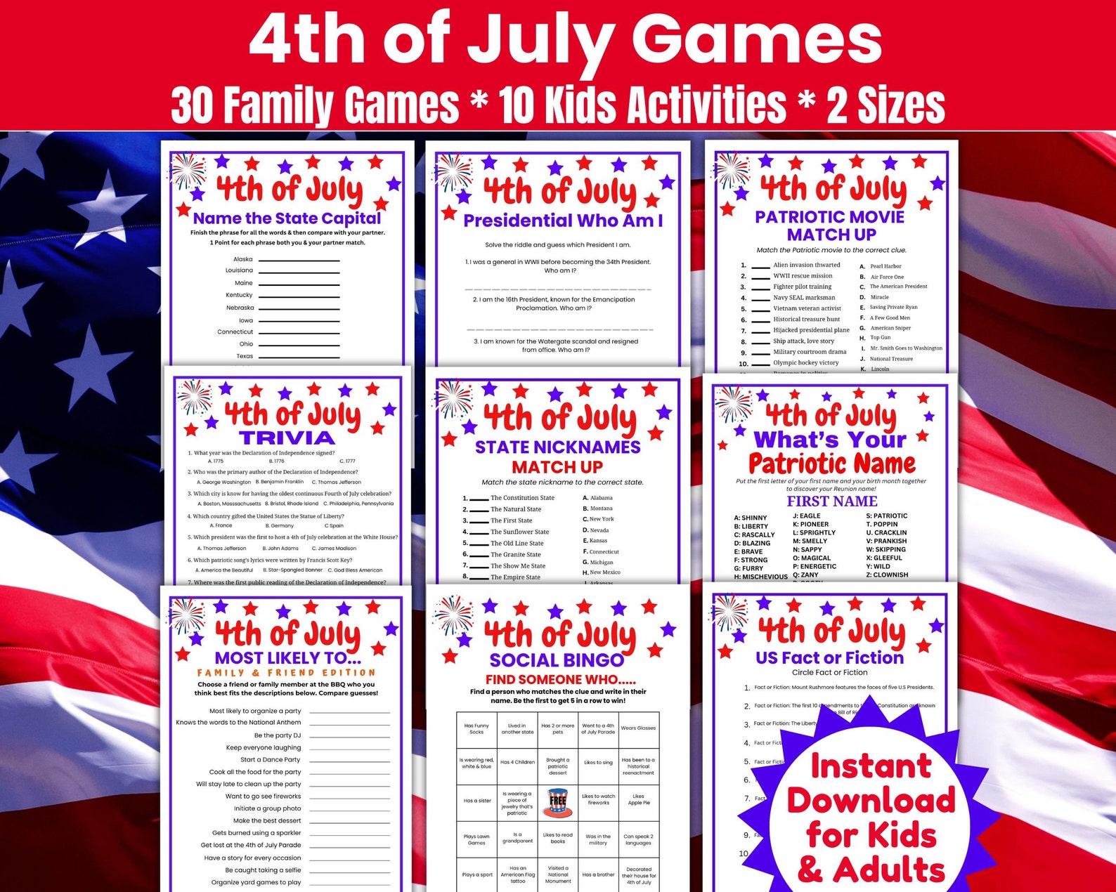 Printable 4th of July Games, Independence Day Games, 4th of July Party ...