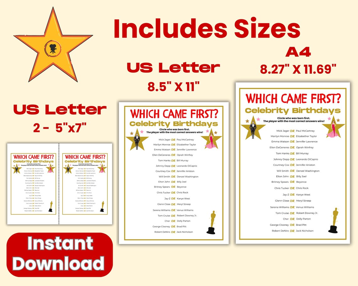 Which Came First Celebrity Trivia Game, Printable Trivia for Teens ...