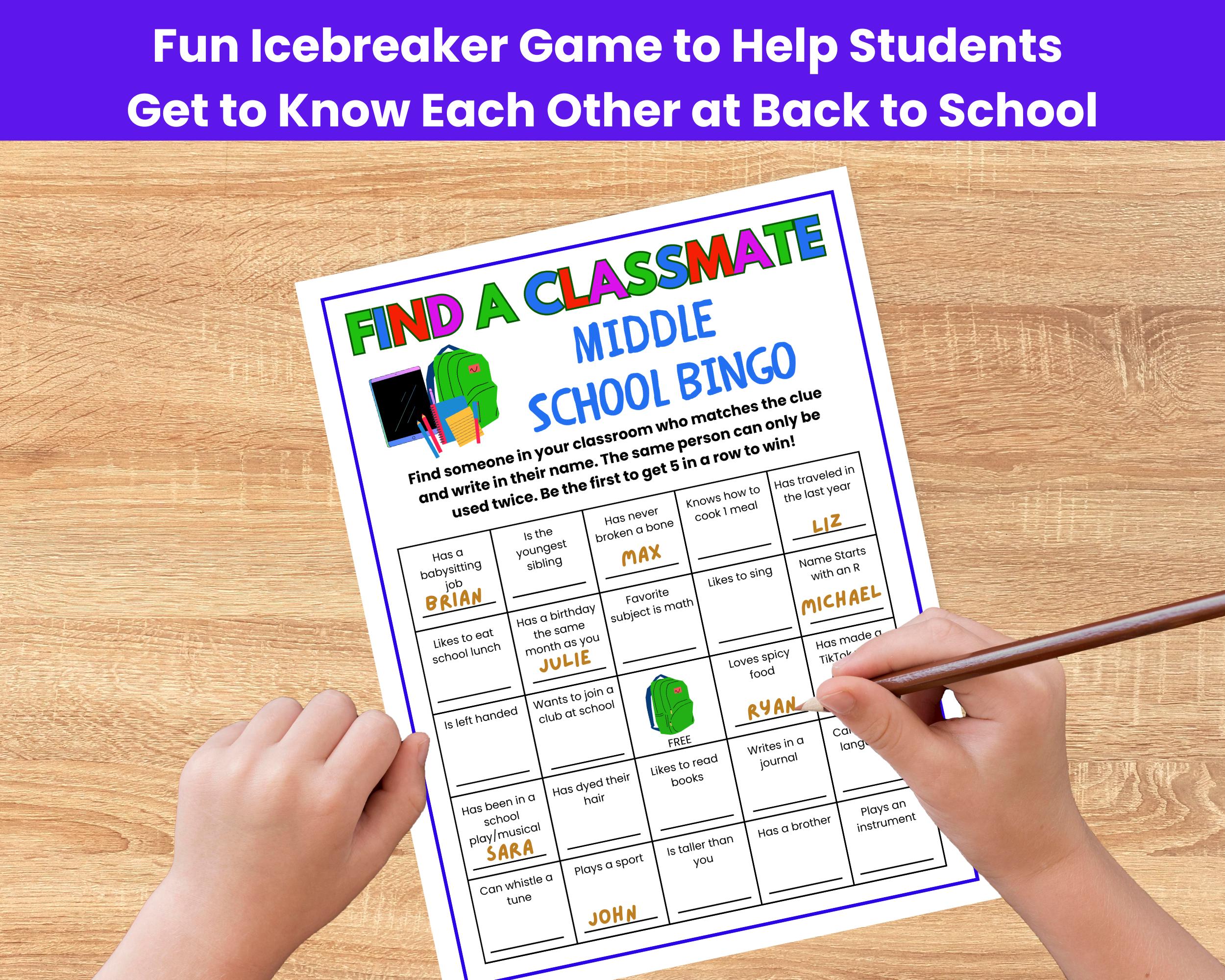 Back to School Bingo, Middle School Games, Classroom Icebreaker Bingo ...