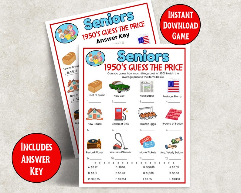 1950s Guess the Price Senior Game, Senior Trivia Game, Senior Party ...