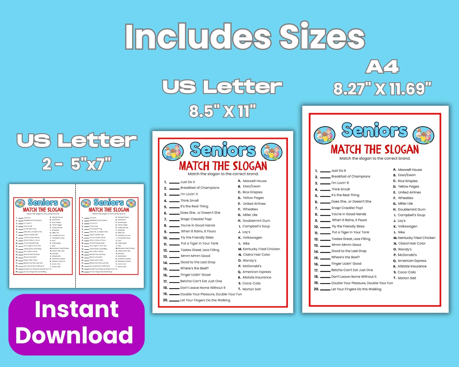 Senior Slogans Game, Ad Slogan Trivia Game for Seniors, Senior Party ...