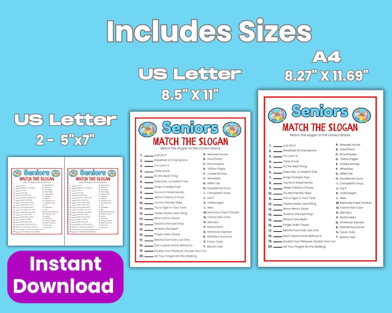 Senior Slogans Game, Ad Slogan Trivia Game for Seniors, Senior Party ...