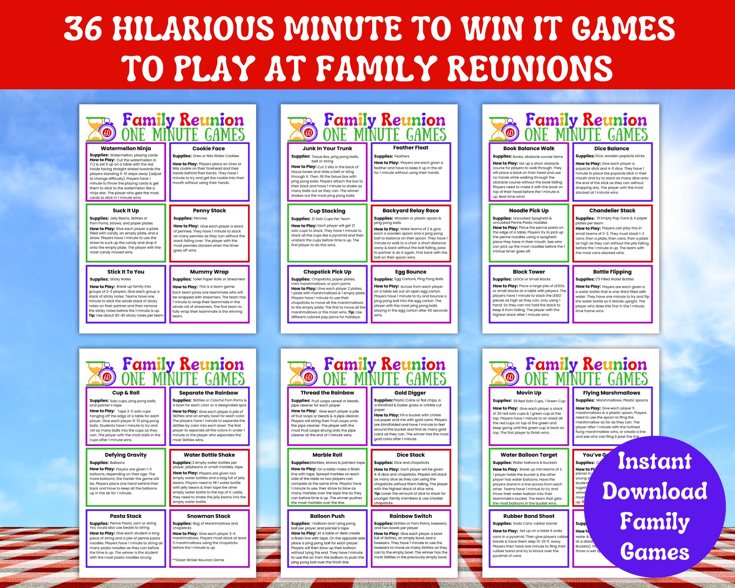 Family Reunion Minute to Win It Games, Fun Games for Reunion, Quick One ...