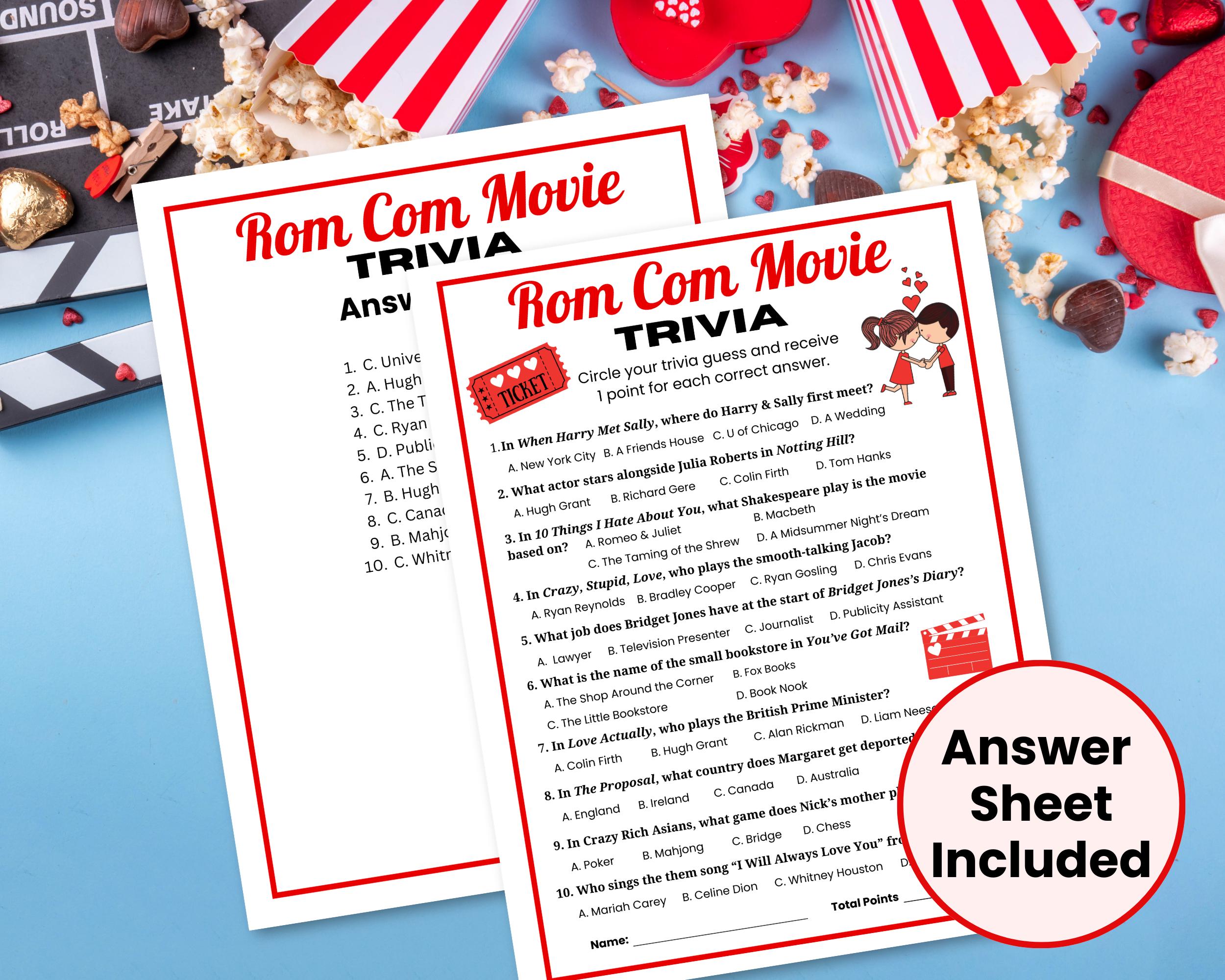 Rom Com Movie Trivia Quiz, Galentines Trivia, Romantic Comedy Trivia ...