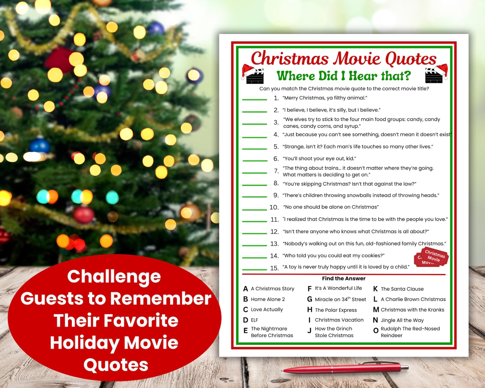 Christmas Movie Quotes Trivia Game, Holiday Movie Quote Game, Christmas ...