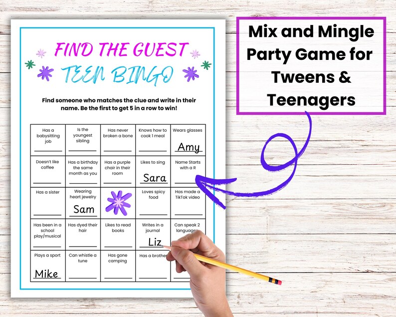 Find the Guest Bingo Game, Teen Games, Find Someone Who, Slumber Party ...
