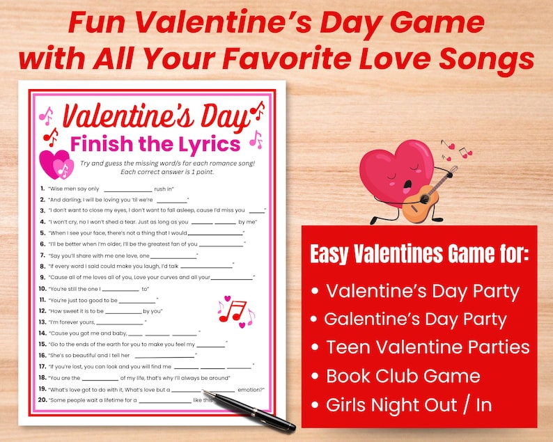 Love Songs Finish the Lyrics Game, Printable Valentines Party Game ...