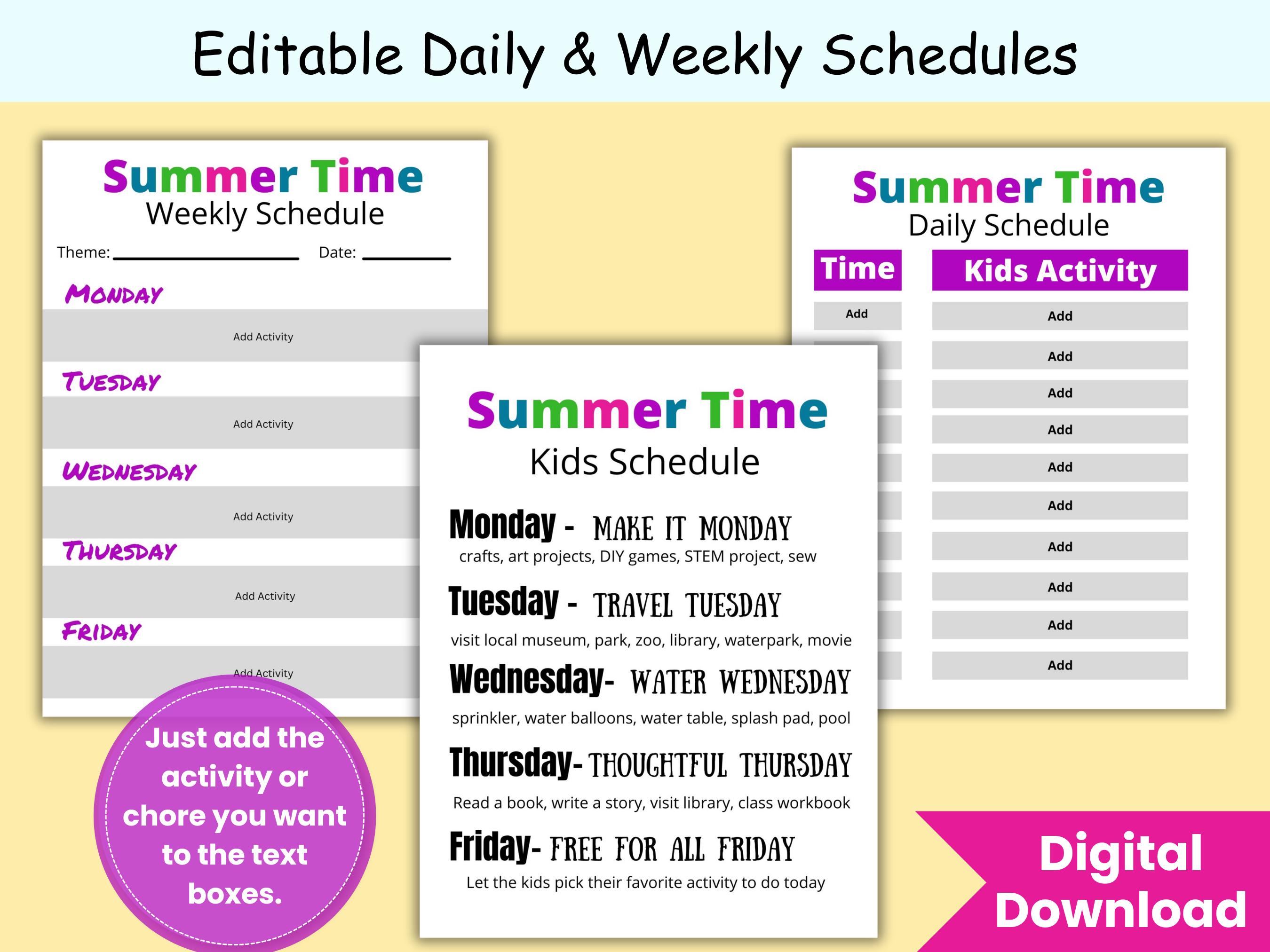 Editable Summer Schedule for Kids, Daily Summer Routine Chart, Kids ...