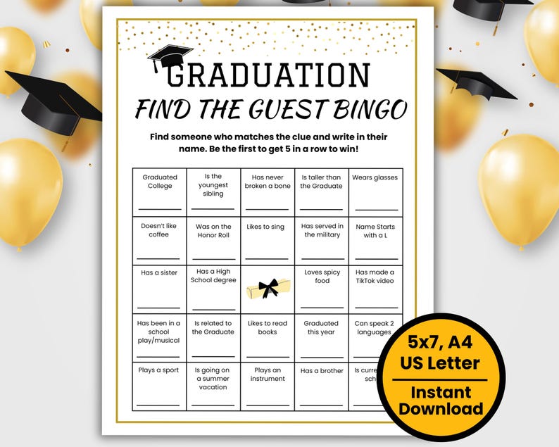 Graduation Find the Guest Bingo Game, Graduation Party Game, Grad Party ...