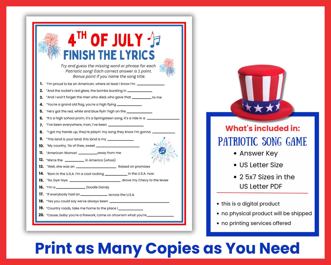 4th of July Finish the Lyrics Game, 4th of July Trivia Questions, 4th ...